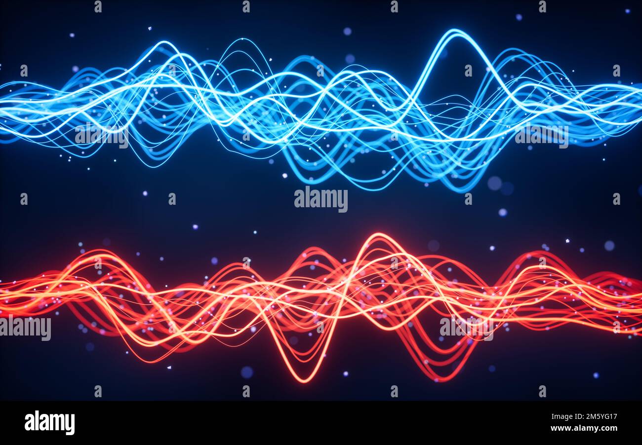 Abstract wave gradient curves and particles, 3d rendering. Digital ...