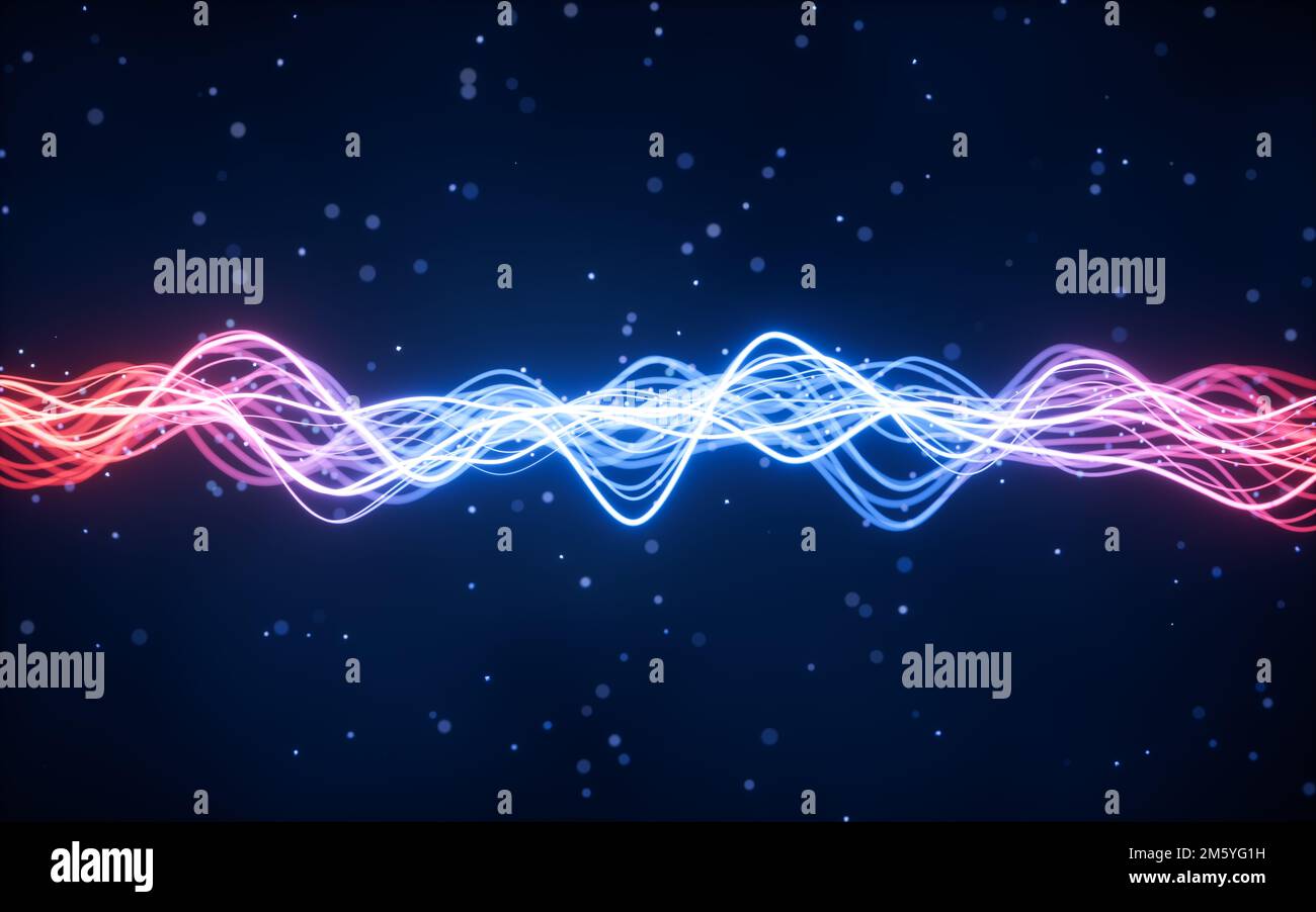 Abstract wave gradient curves and particles, 3d rendering. Digital ...