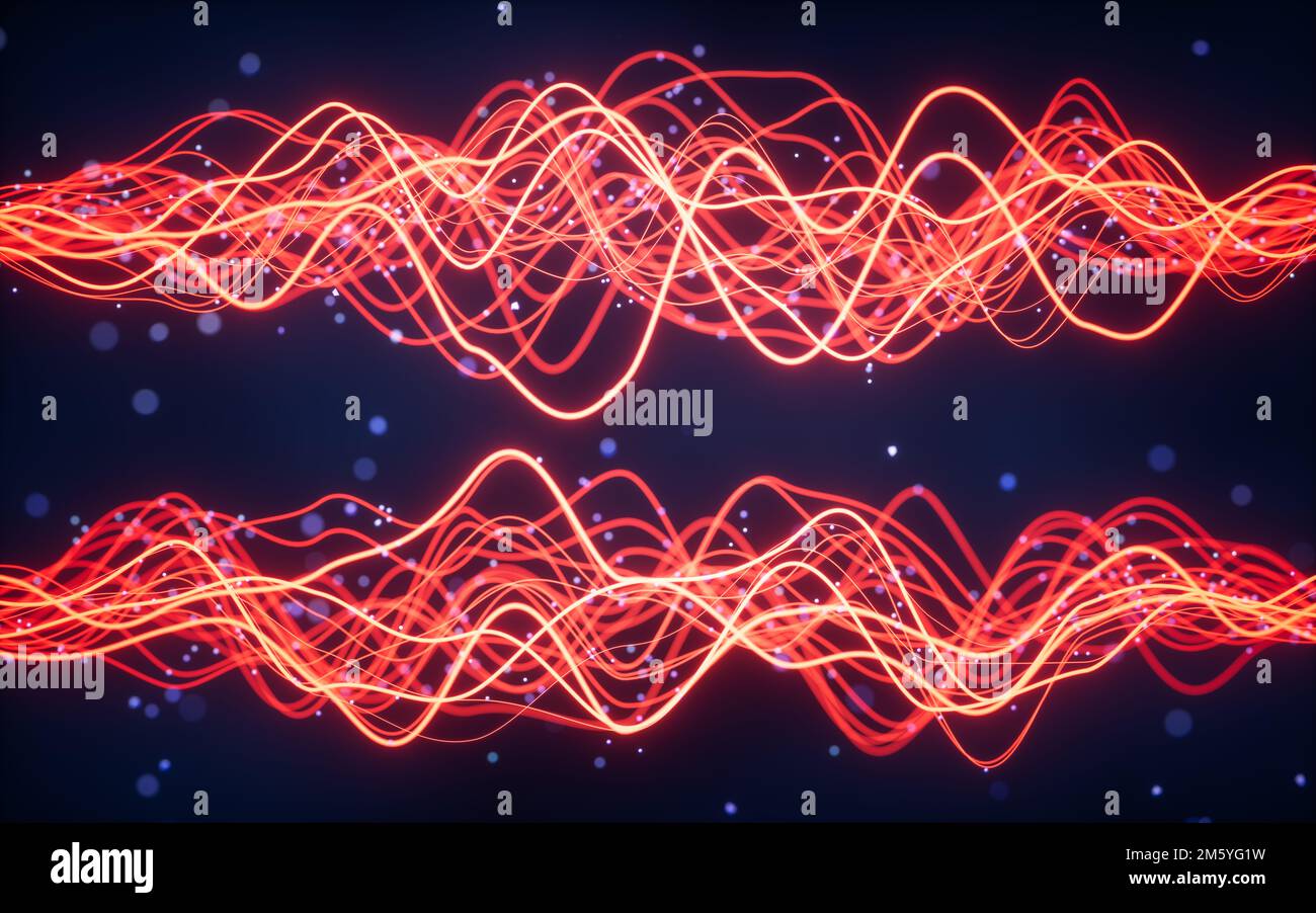 Abstract wave gradient curves and particles, 3d rendering. Digital ...