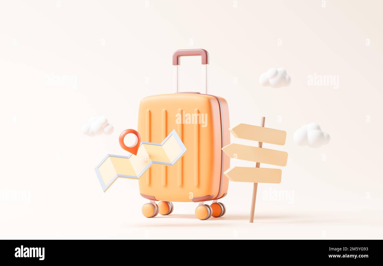 Cartoon style luggage with travel theme, 3d rendering. Digital drawing ...