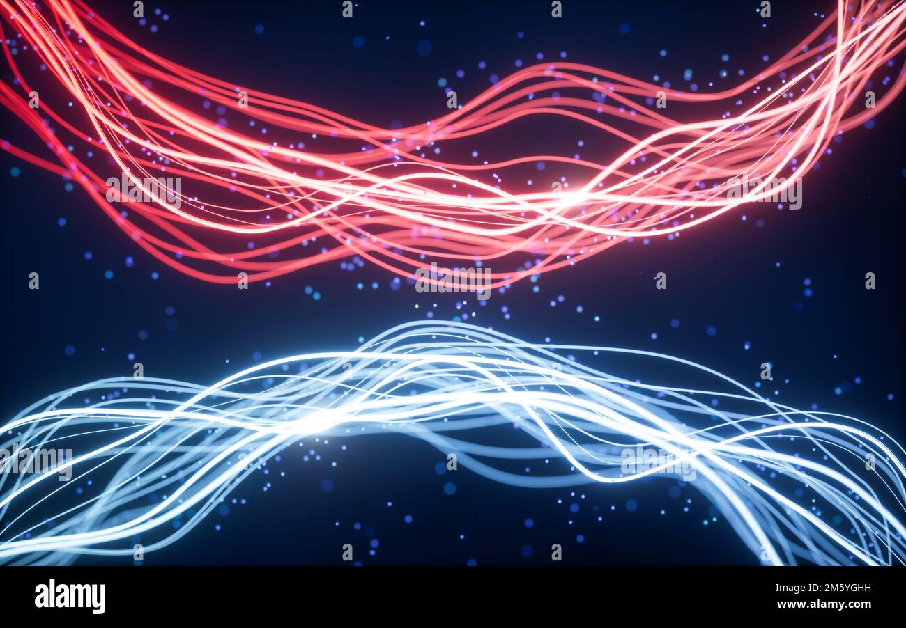 Abstract wave gradient curves and particles, 3d rendering. Digital ...