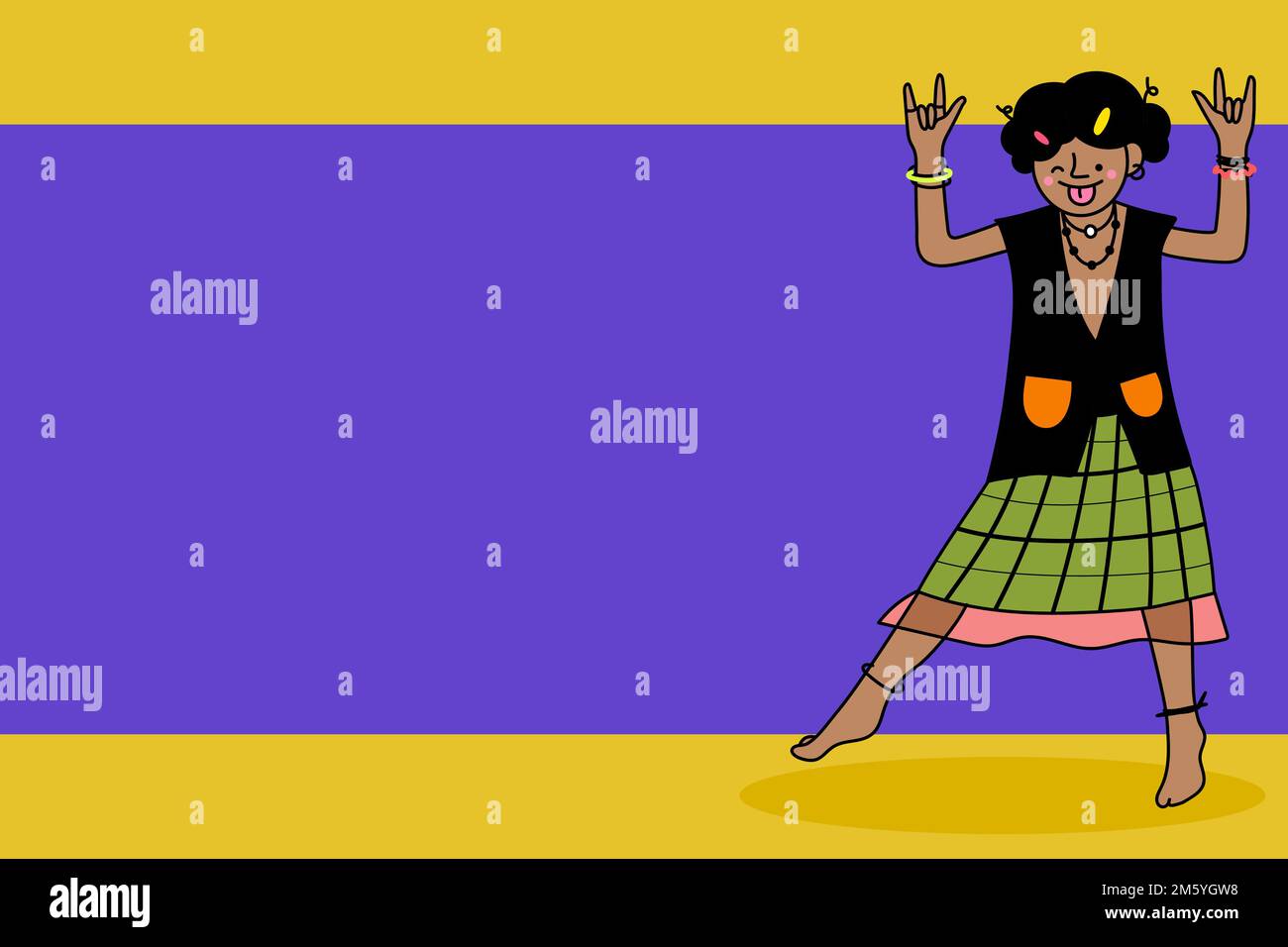 Playful cool kid character on a dull yellow frame and purple background ...