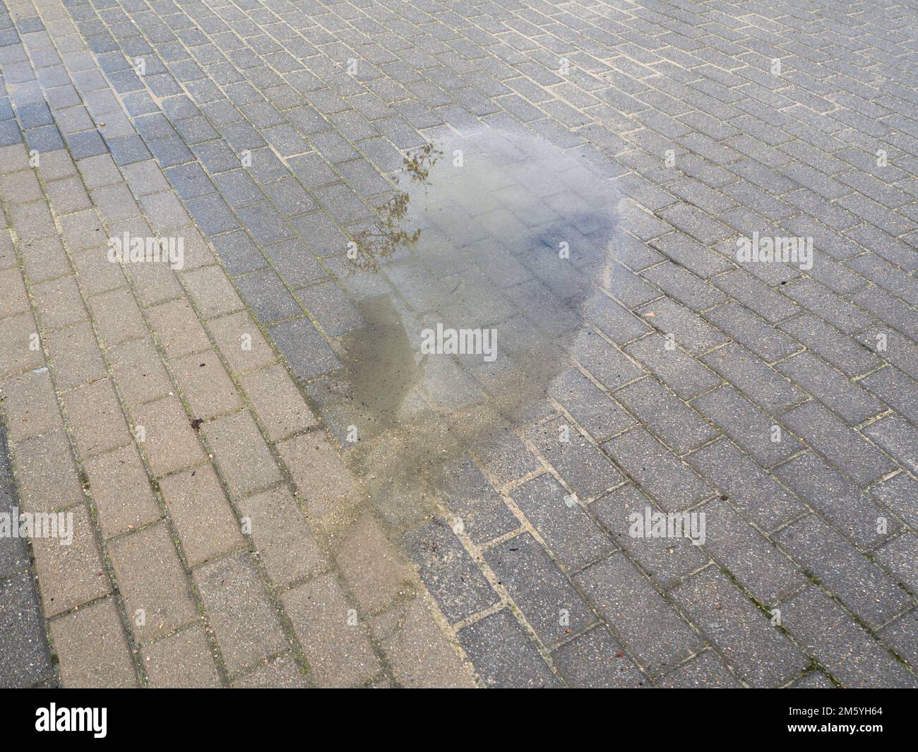 puddle in a pothole on a road after a rainstorm. Concept of risk and ...