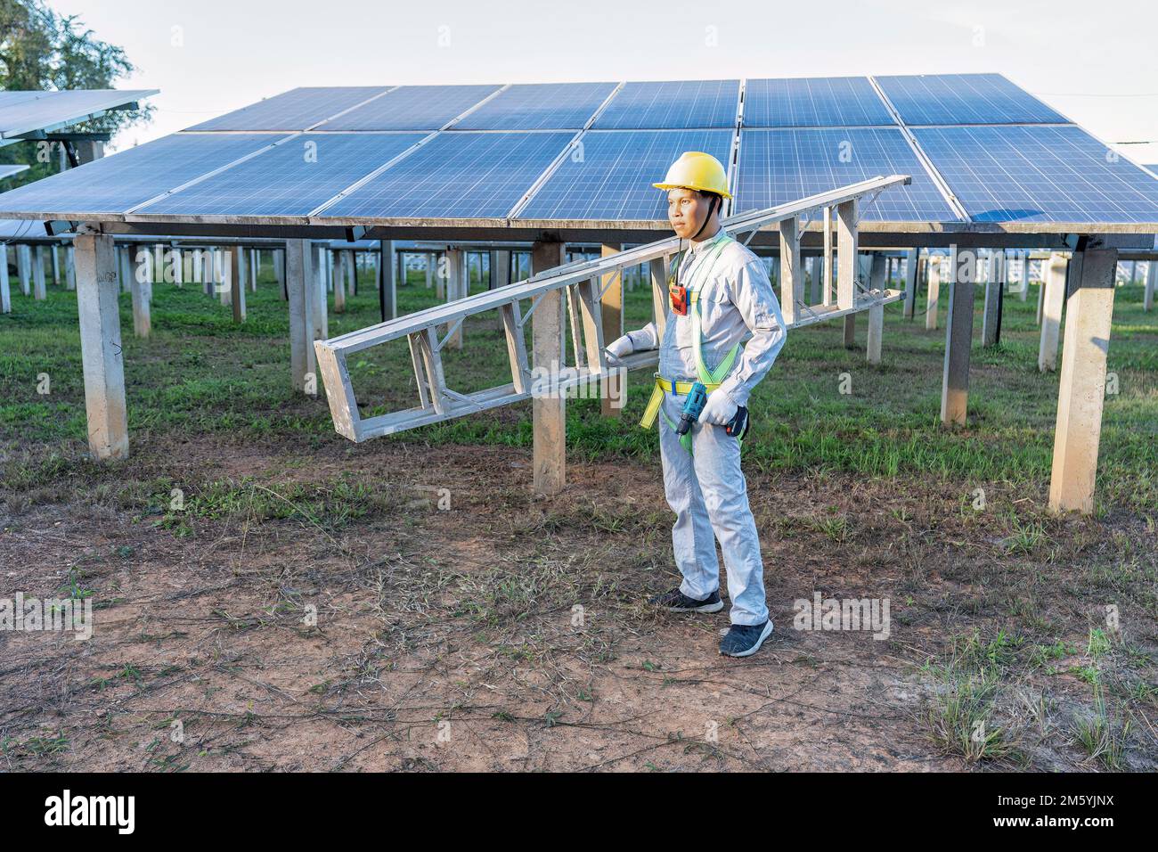 Maintenance engineer on duty cary step ladder stand portrait look ...