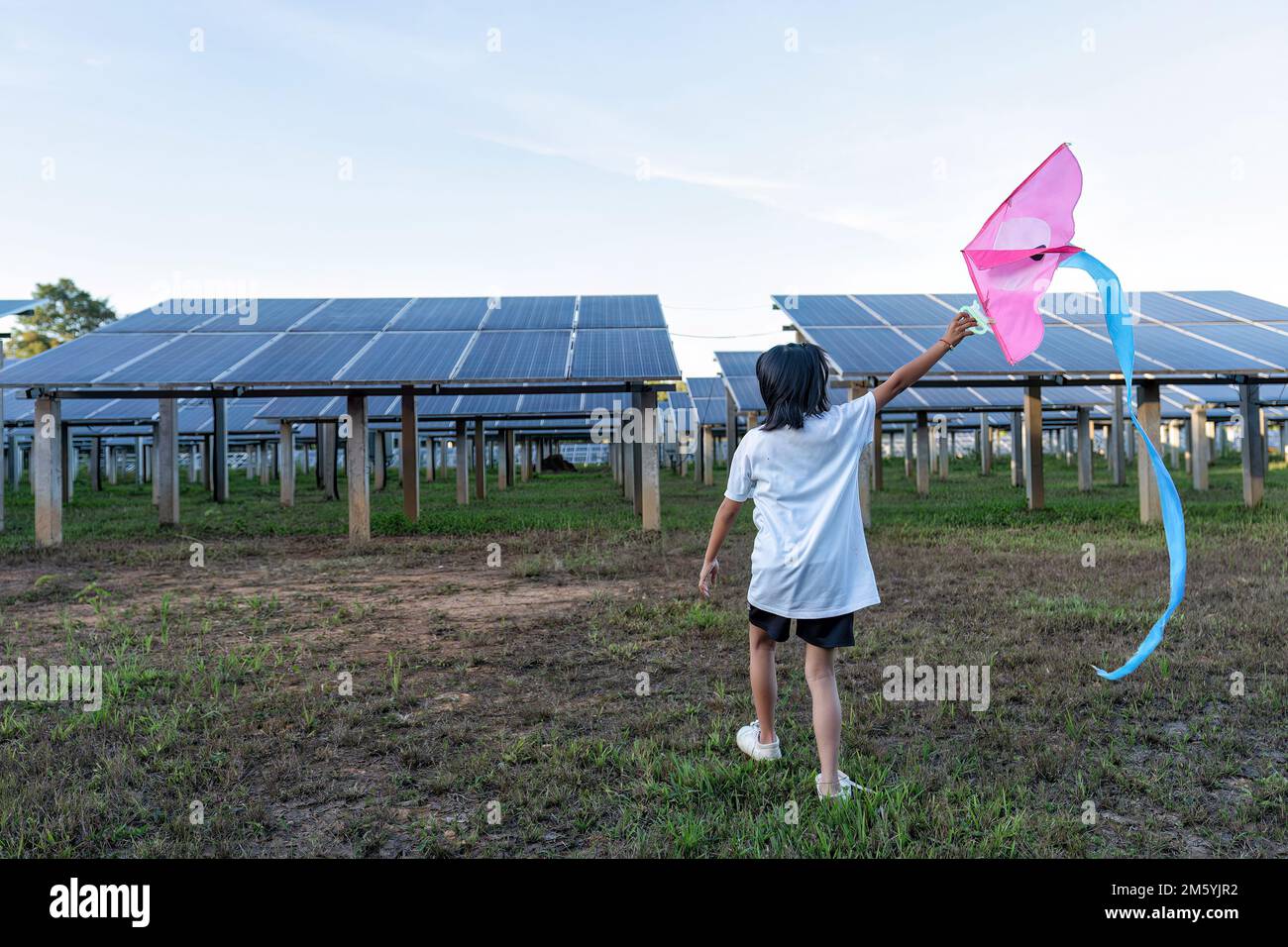 Solar farm on greenery tree in the village provide clean energy eco ...