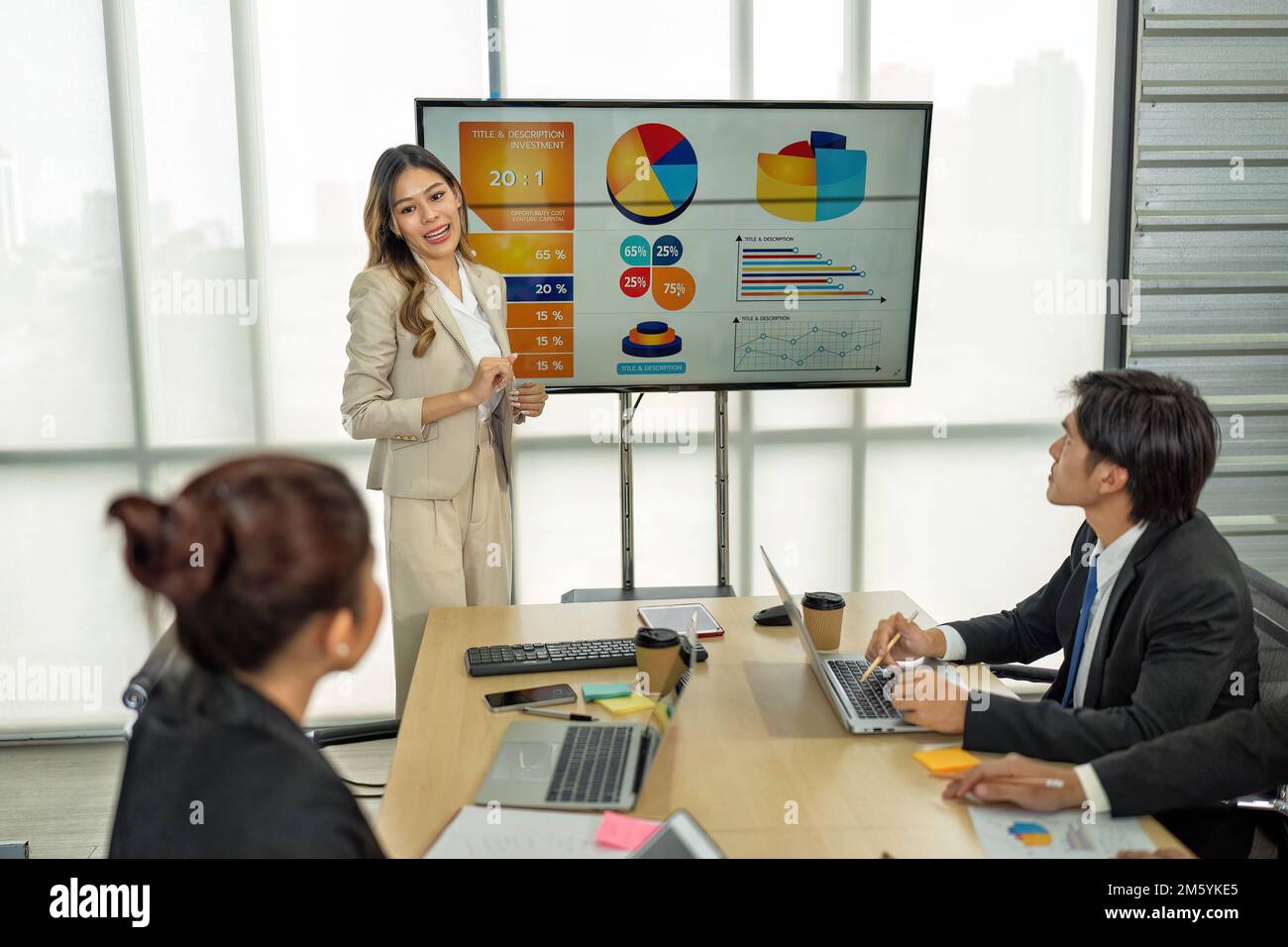 Employee meeting big screen tv presentation conference discussion ...