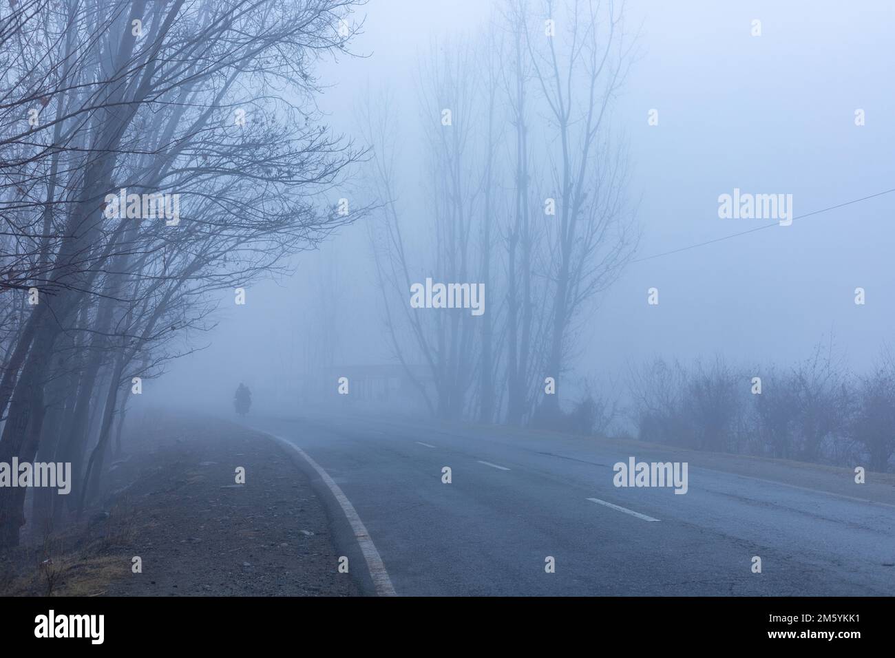 Man riding bicycle disappear in the thick fog Stock Photo - Alamy