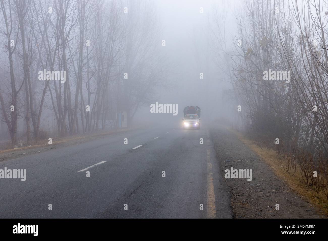Vehicle with headlights on coming on a road in heavy fog Stock Photo ...