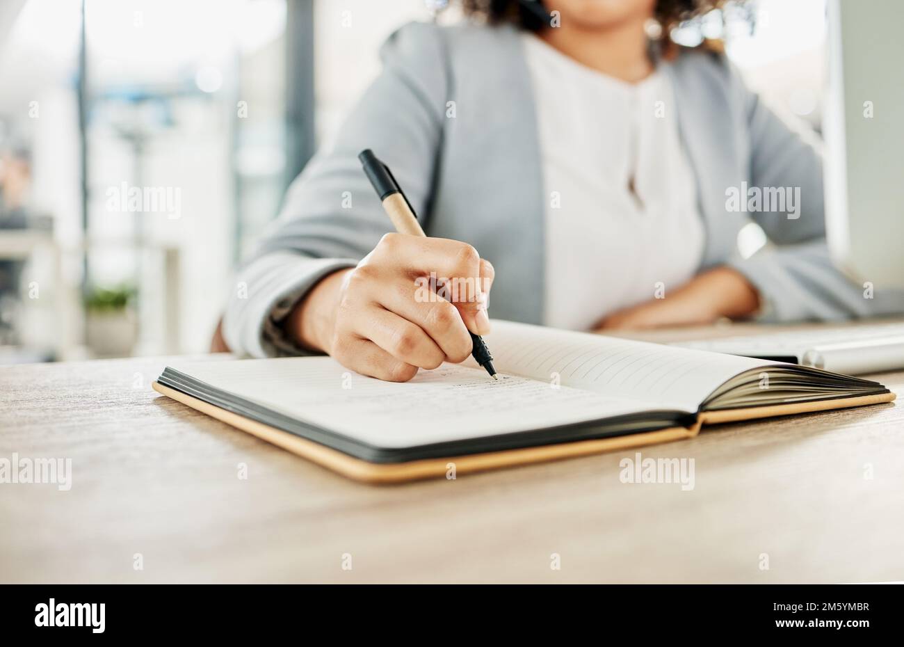 Notebook, pen and hands of woman writing, planning and working on ...