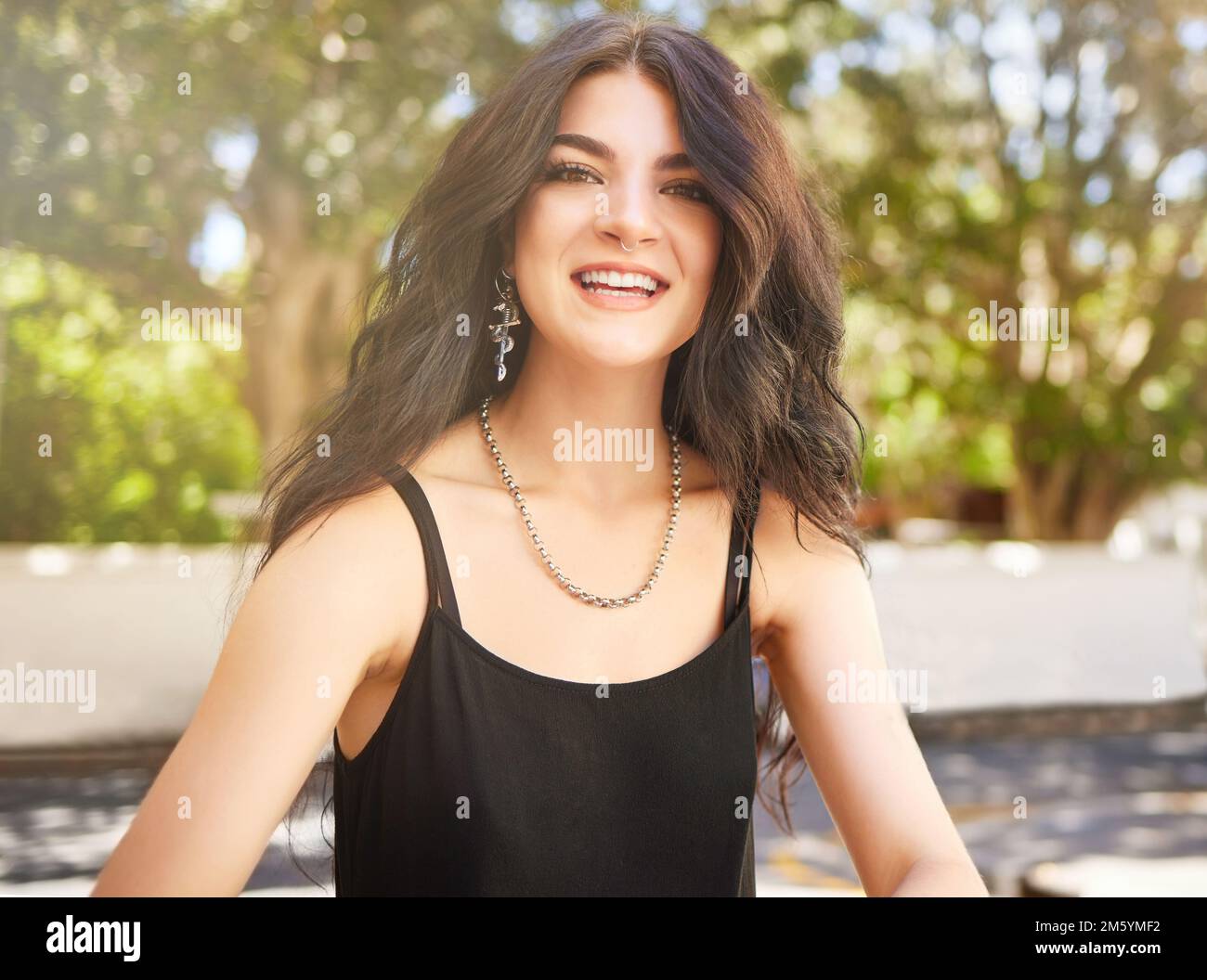 Fashion, park and beauty portrait of woman with luxury designer clothes ...