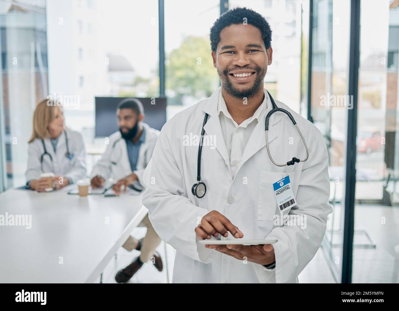 Portrait, black man and doctor with tablet, digital analysis and ...
