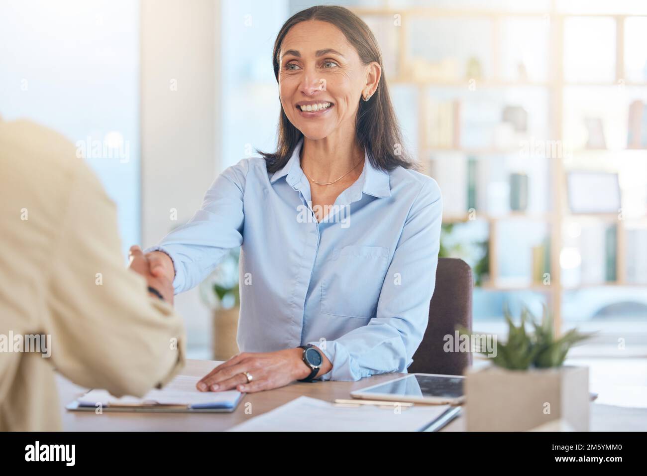 Handshake, hiring and partnership with business woman and deal ...