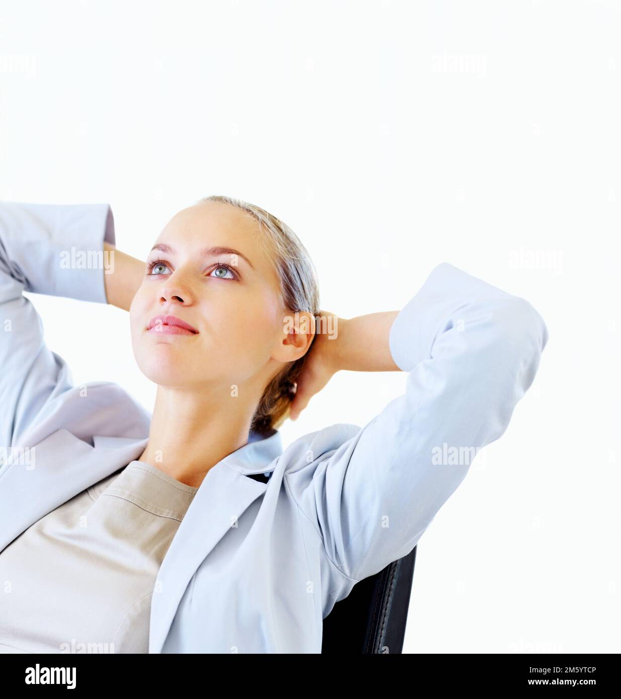 Cute Day Dreaming Business Woman Sitting Relaxed On White Young Relaxed Business Woman Sitting