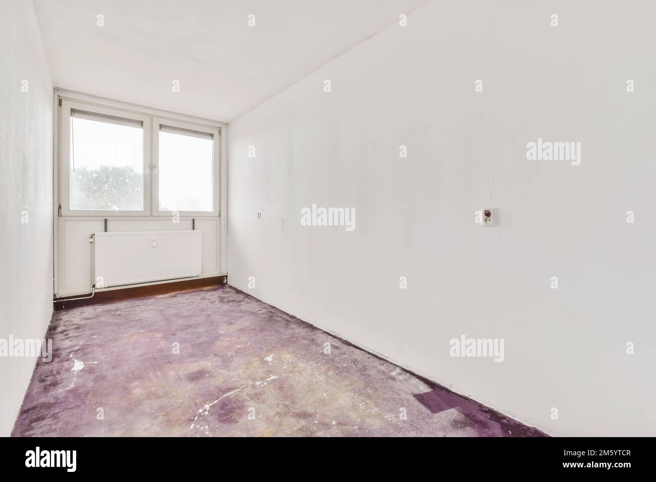 an empty room with white walls and purple carpet on the floor in front ...