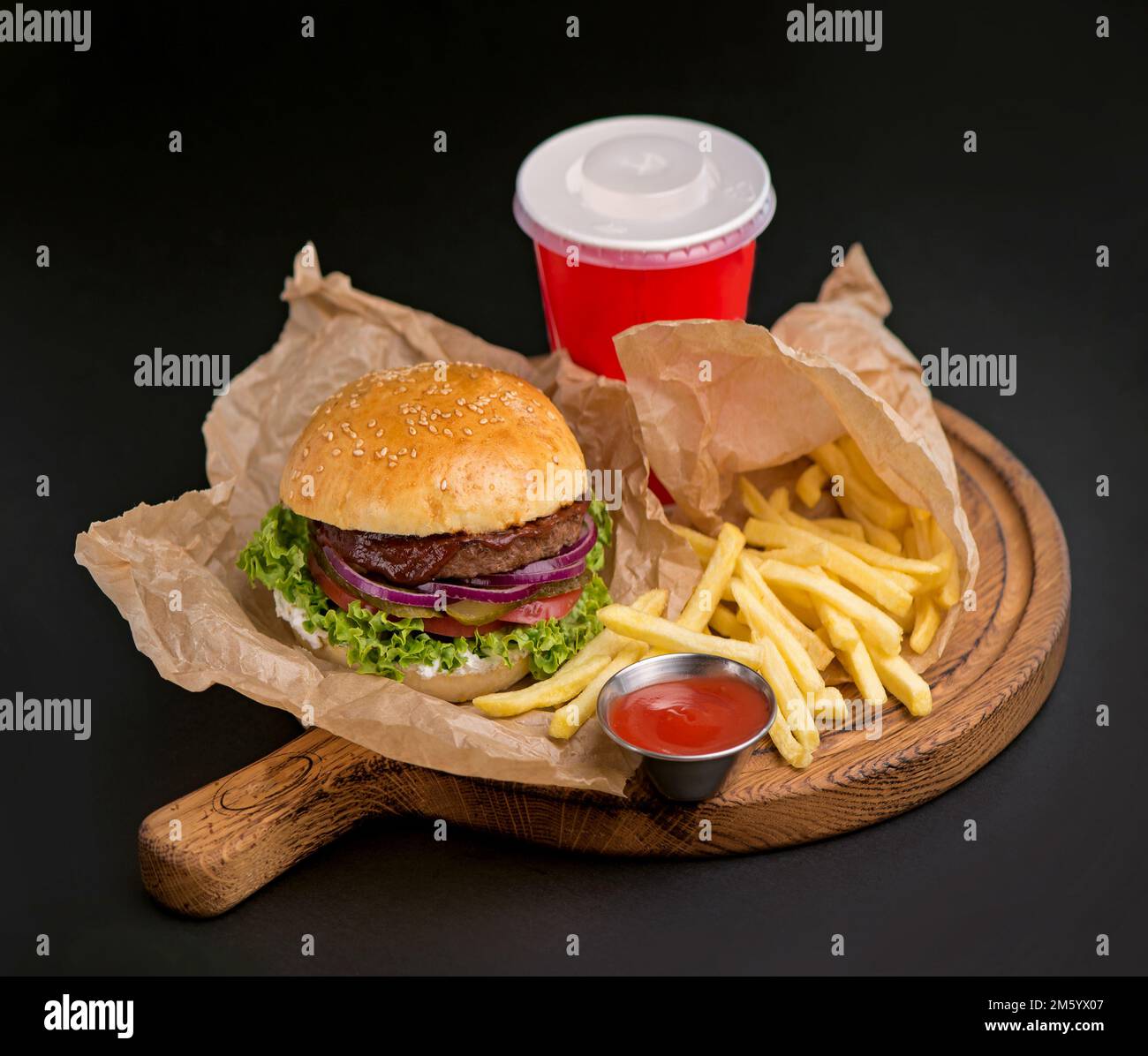 Classic burgers with becon, meat, cheese, onion, tomato and cheese and ...