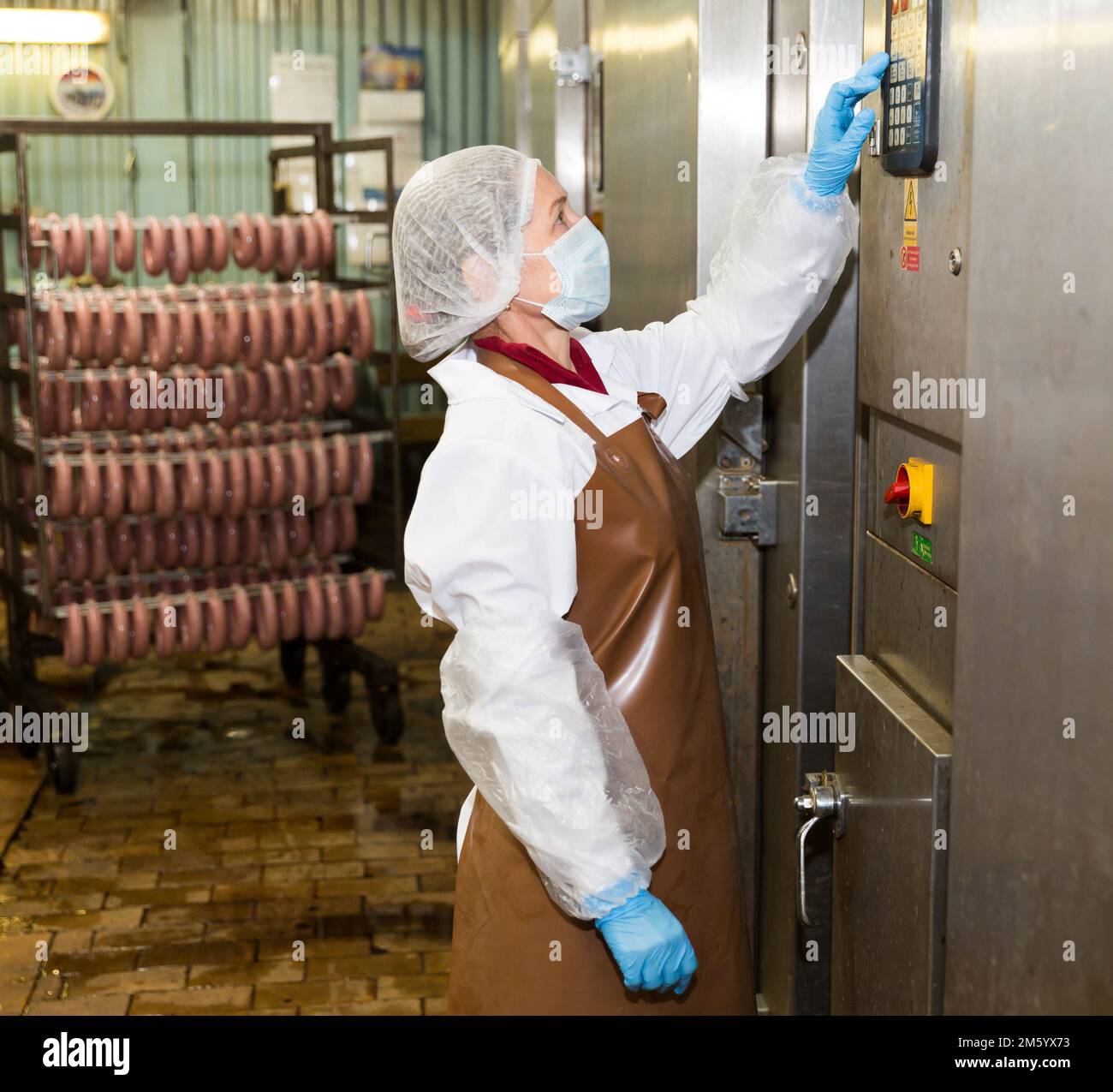 Workwoman programming sausage baking machine Stock Photo - Alamy