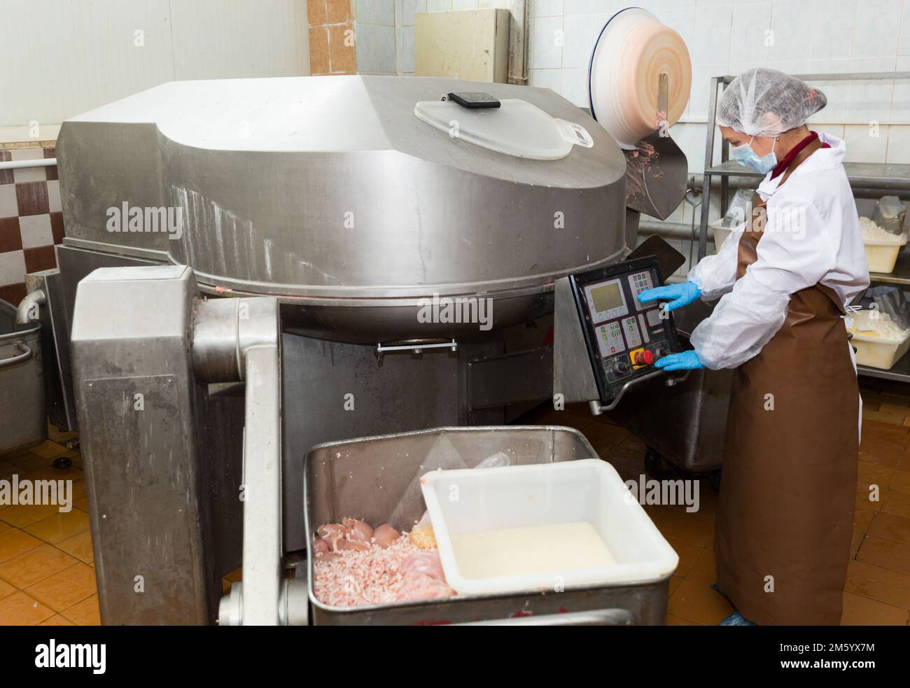 Workwoman programming meat mixing machine Stock Photo - Alamy