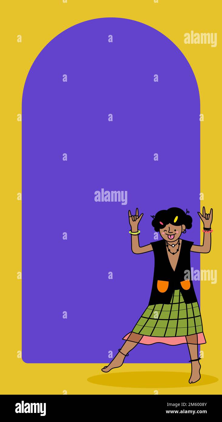 Playful cool kid character on a dull yellow frame and purple background ...