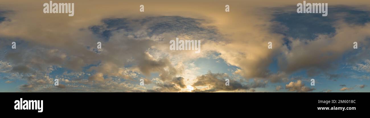 Dark blue sunset sky panorama with golden Cumulus clouds. Seamless hdr ...