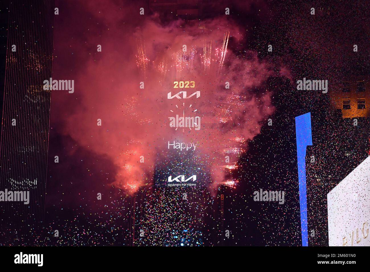 New York, USA. 01st Jan, 2023. Fireworks and confetti are set off over ...