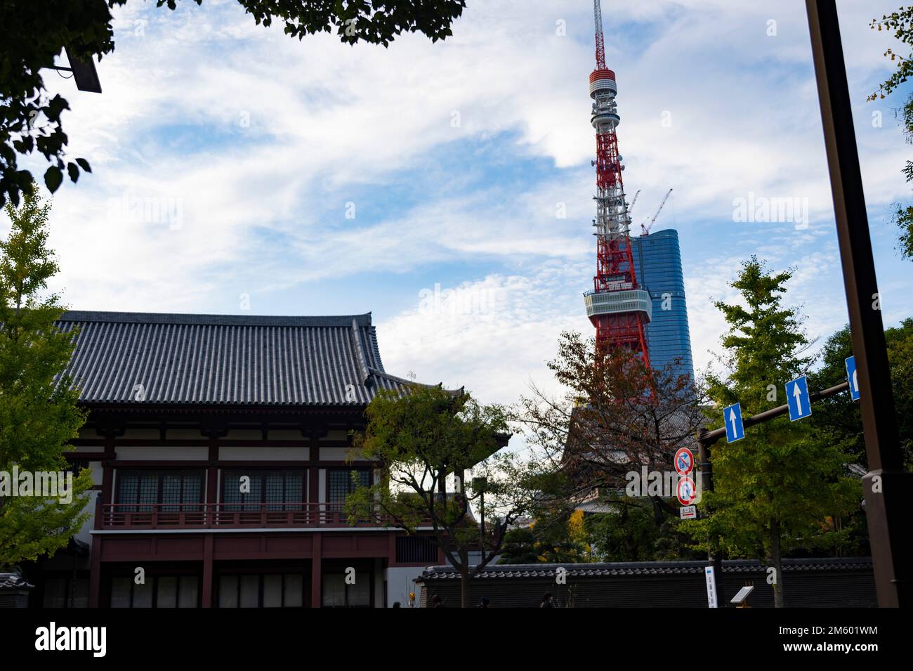 Tokyo, Japan. 10th Nov, 2022. Zojo-ji Temple with Tokyo tower in the distance in Shiba Park in ...