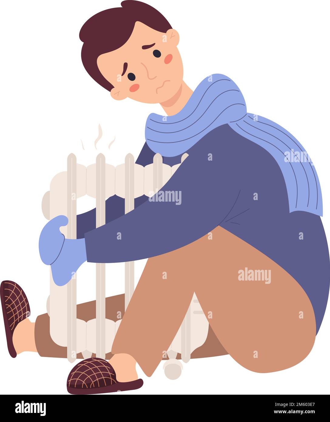 Unhappy guy in scarf and mittens, freezes and warms himself near hot ...