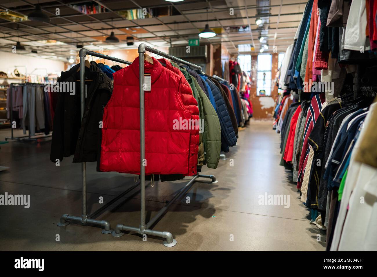 Clothes for sale at the Traid Charity Shop, Dalston, east London. Traid ...