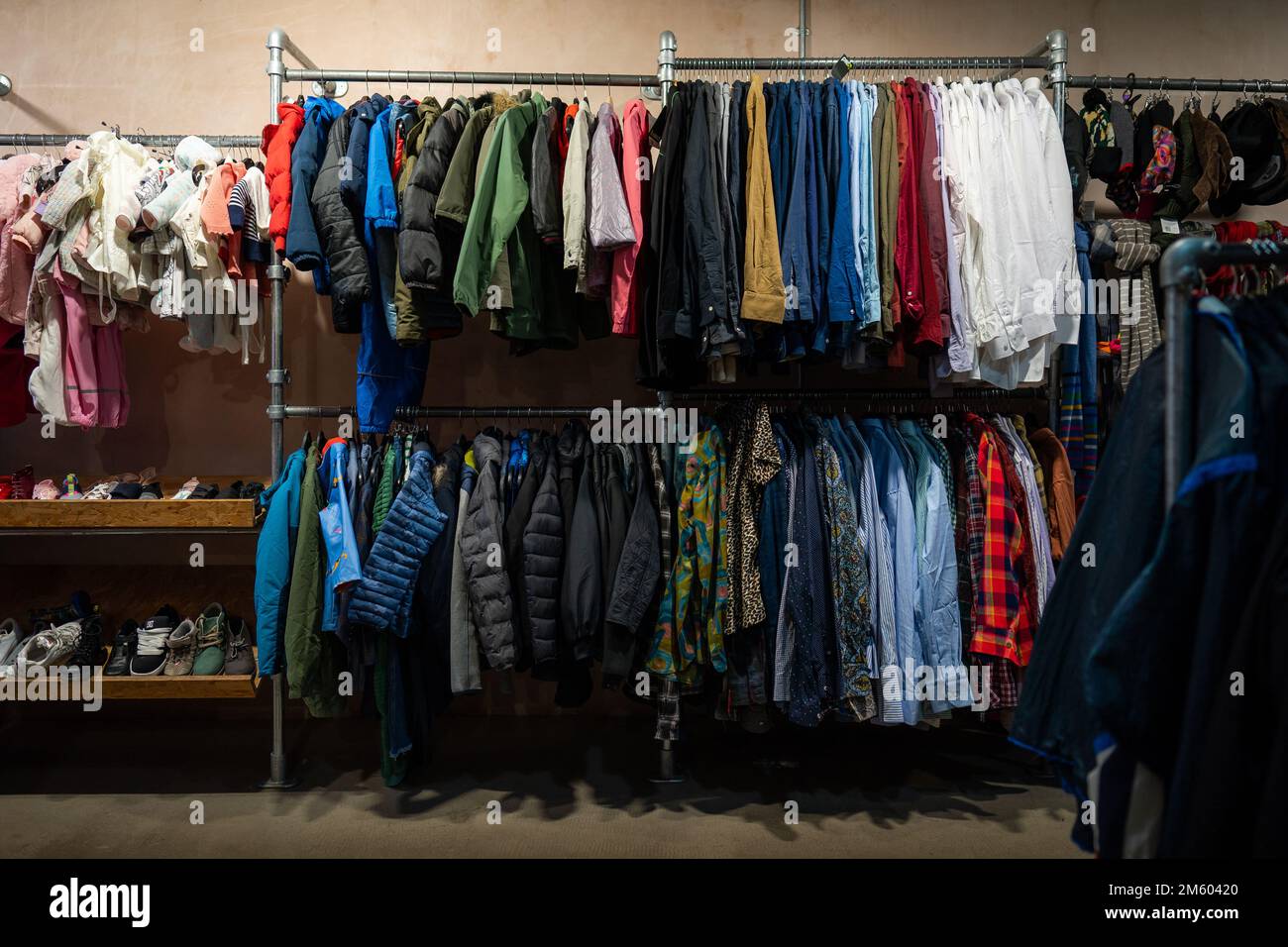 Clothes for sale at the Traid Charity Shop, Dalston, east London. Traid ...