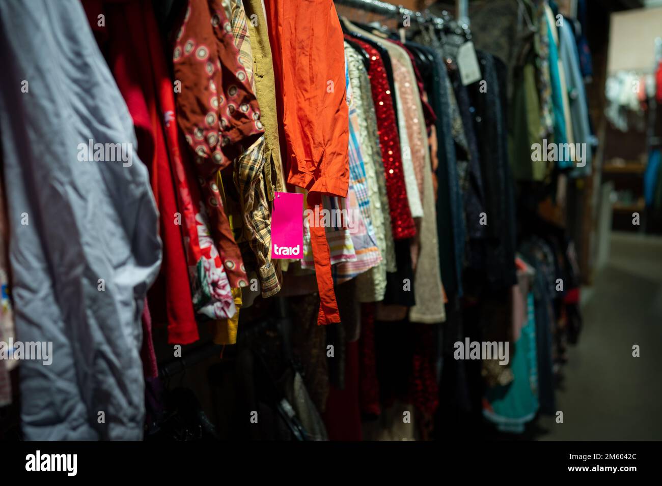 Clothes for sale at the Traid Charity Shop, Dalston, east London. Traid ...