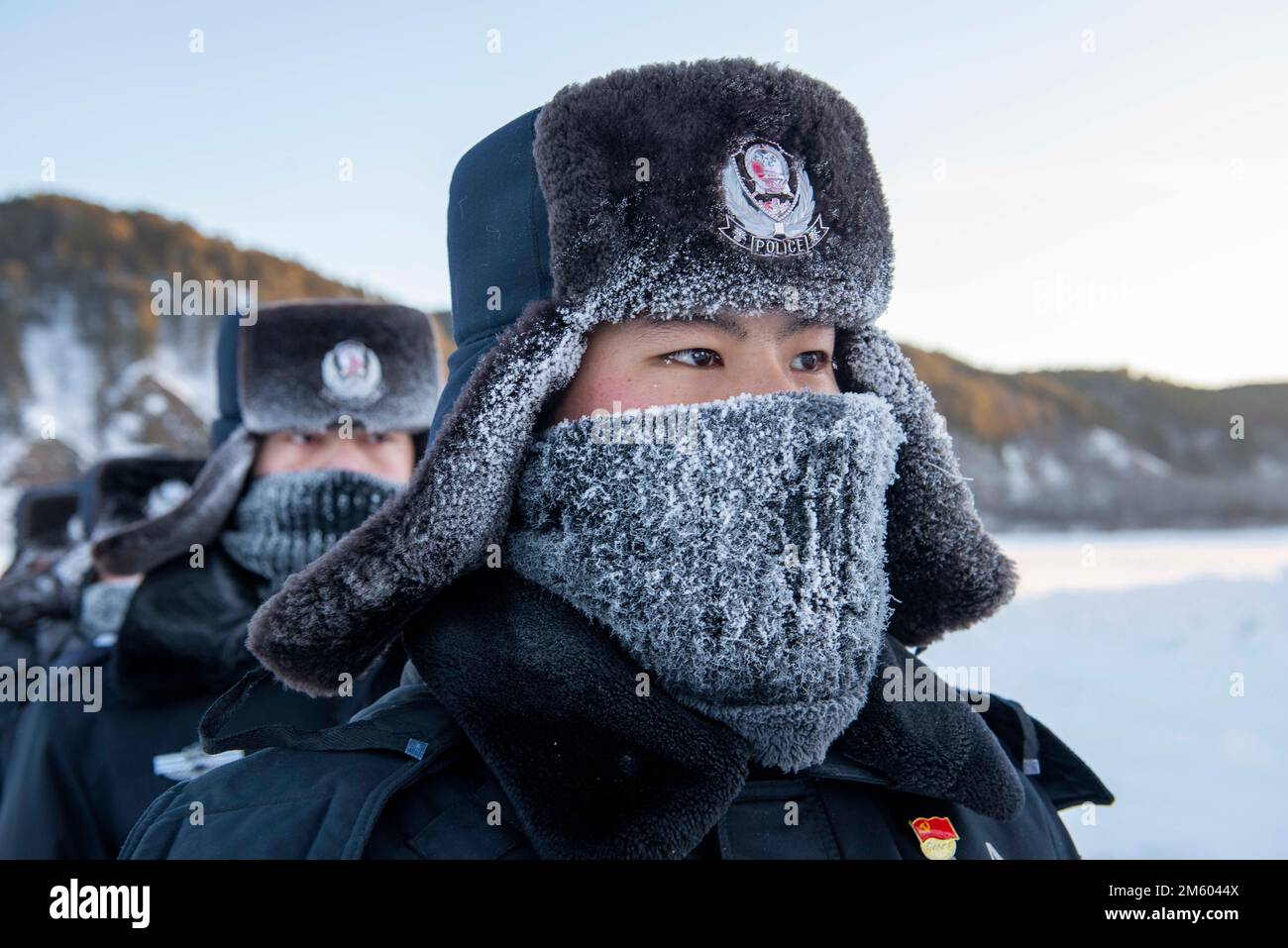 MOHE, CHINA - JANUARY 1, 2023 - The hats of border guard policemen are ...