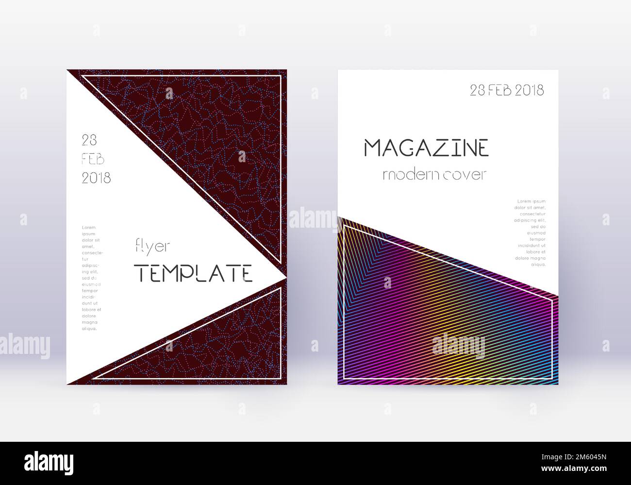 Triangle cover design template set. Rainbow abstract lines on wine red ...