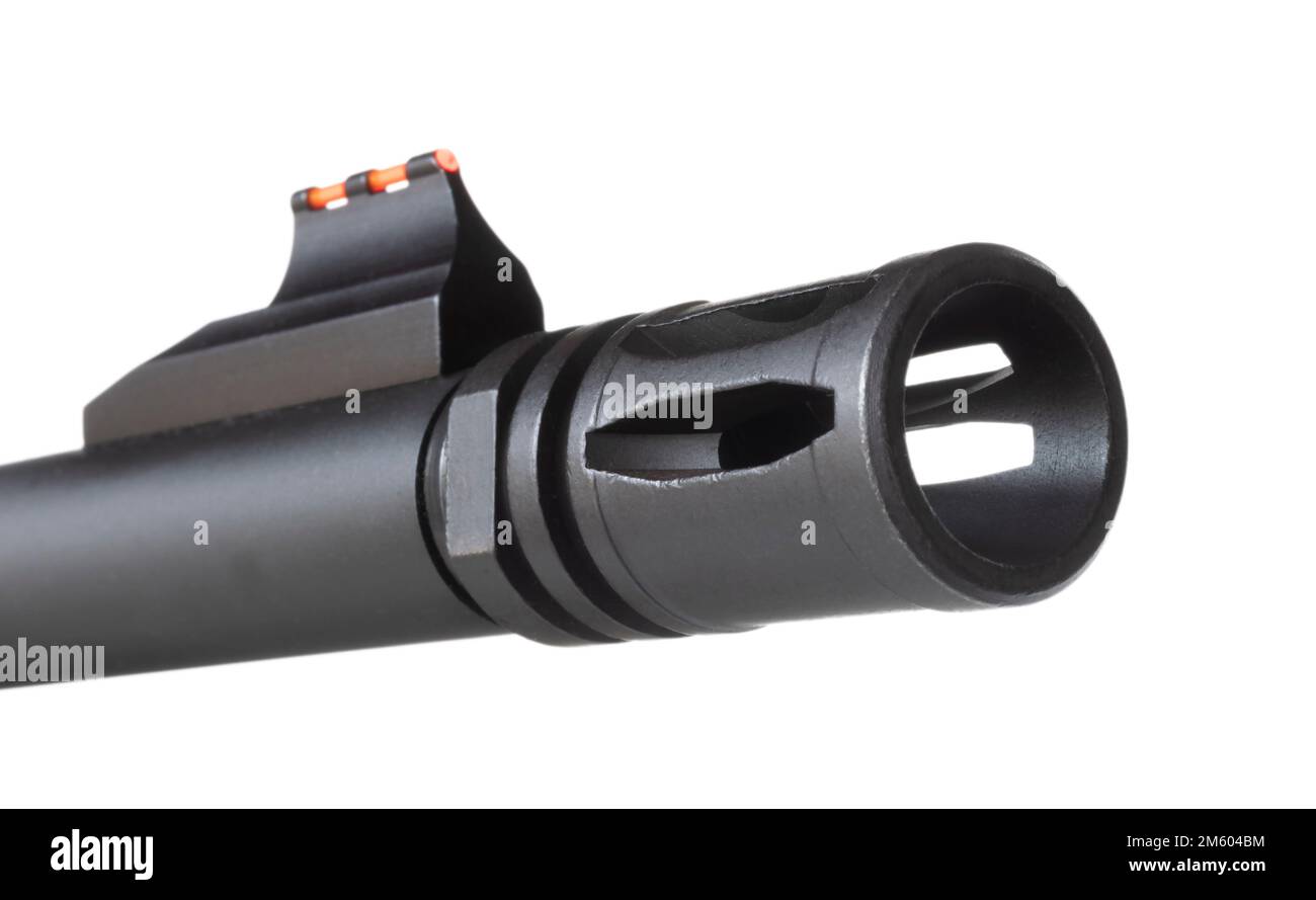Rifle muzzle with a flash hider and red sight isolated on white Stock ...