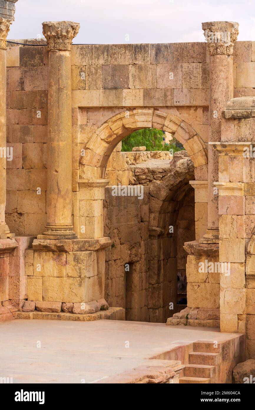Jerash, Jordan close-up details of Roman amphitheater South Theatre in ...