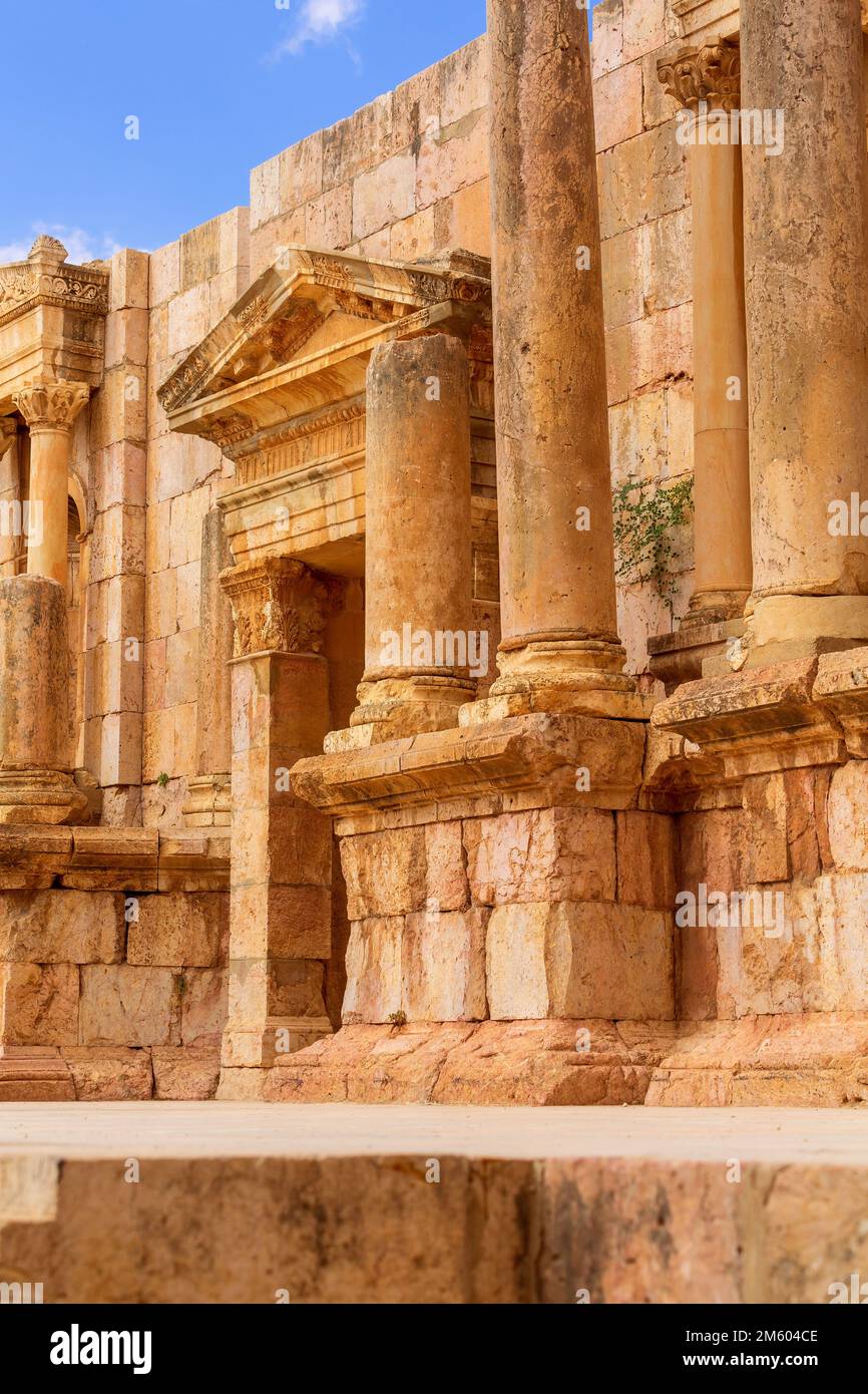 Jerash, Jordan close-up details of Roman amphitheater South Theatre in ...
