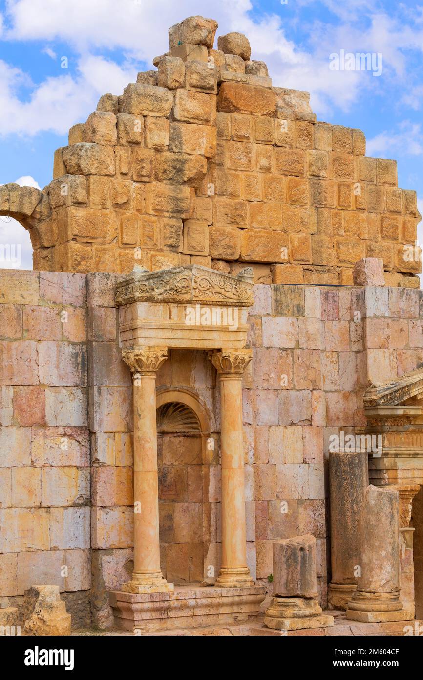 Jerash, Jordan close-up details of Roman amphitheater South Theatre in ...
