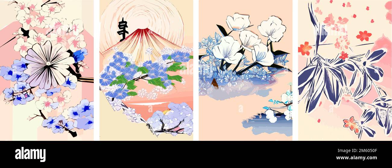 Set of Japanese background. Ukiyoe traditional illustration of cherry ...