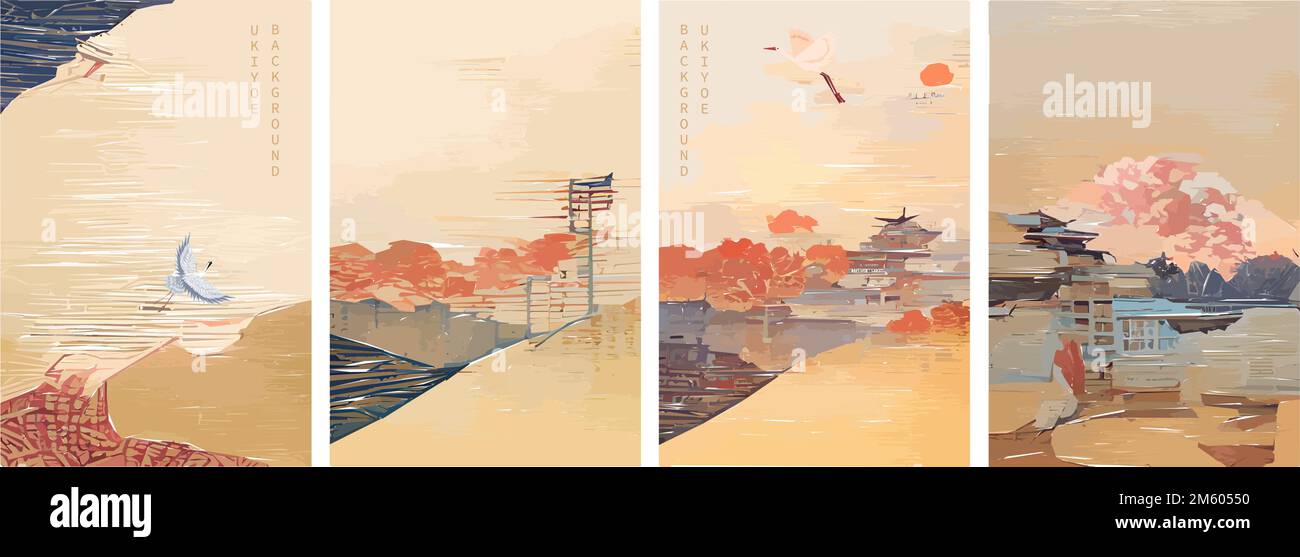 Set of Japanese background. Ukiyoe traditional illustration of ...
