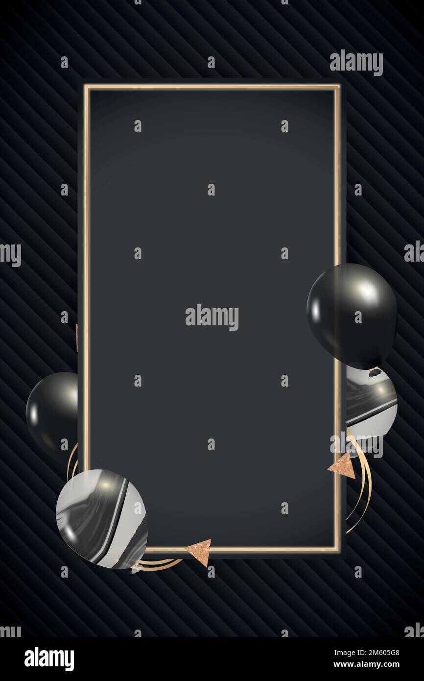 Golden rectangle frame design with black marble balloons vector Stock ...