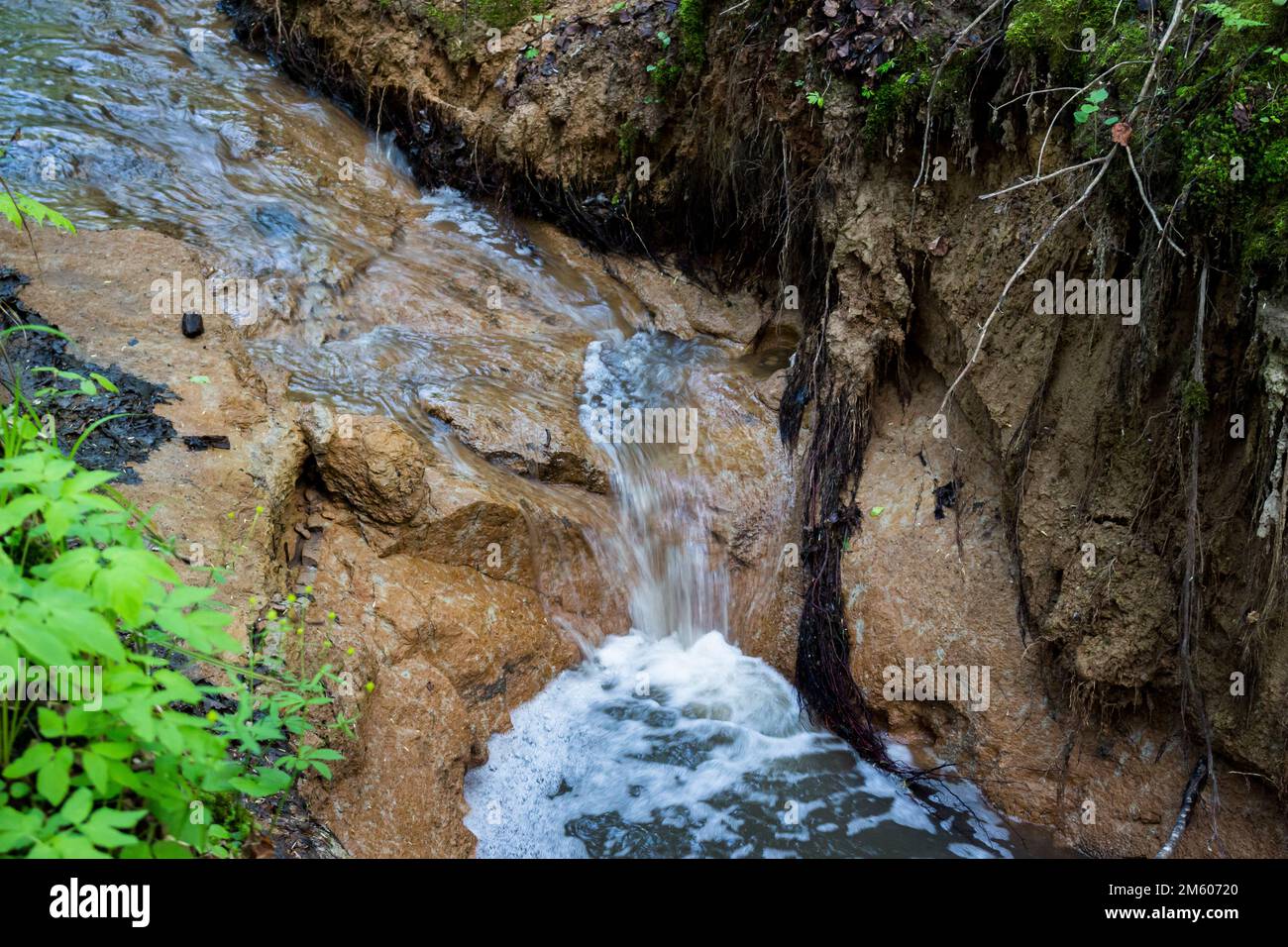 Water flow eroding clay soil, small soil erosion Stock Photo - Alamy