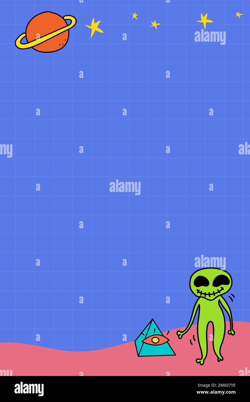 Frame with alien and Saturn on an indigo grid background vector Stock ...