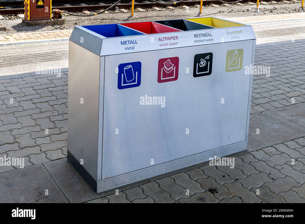 Combined waste and recycle bin, railway station, Austira Stock Photo ...