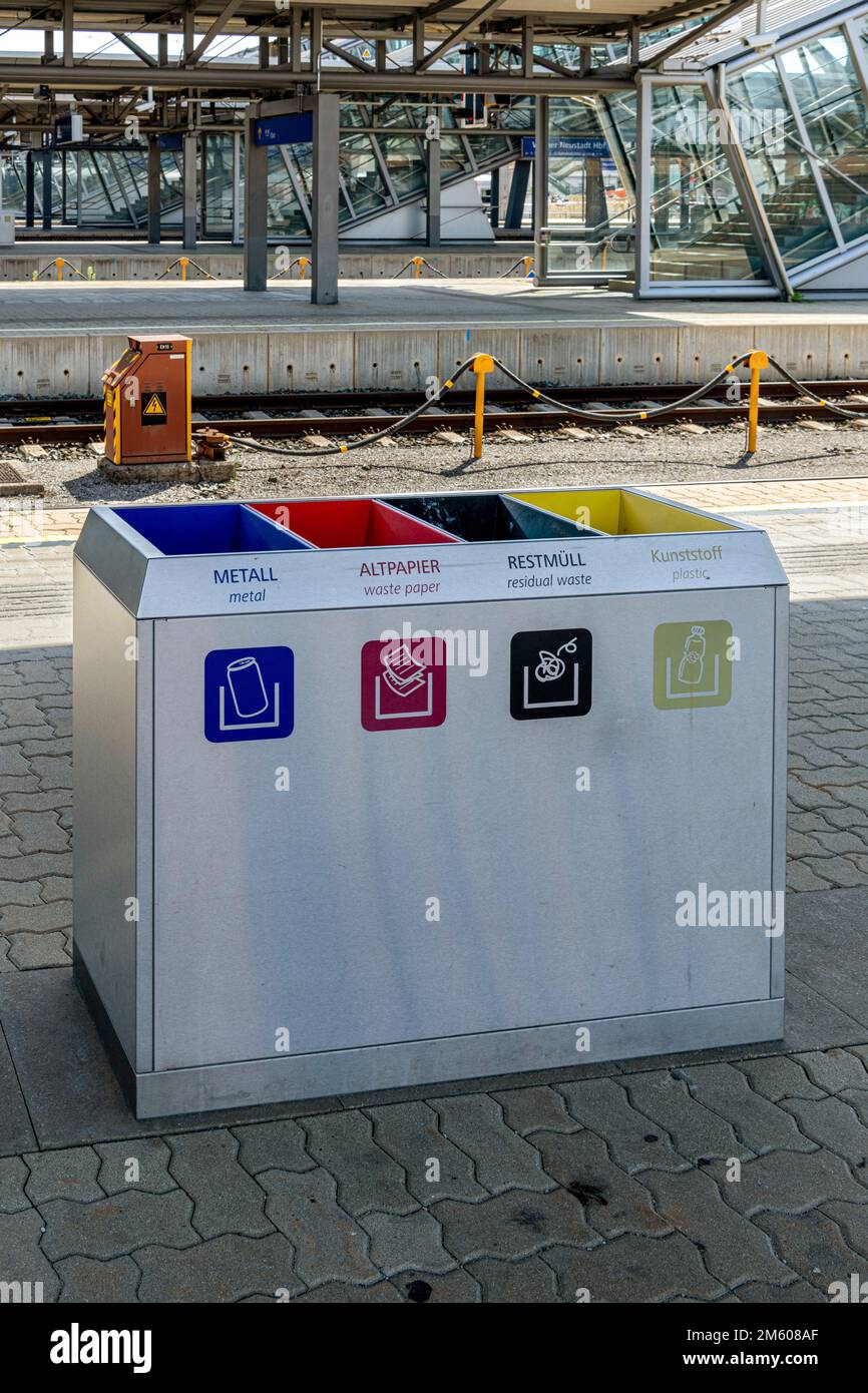 Combined waste and recycle bin, railway station, Austira Stock Photo ...