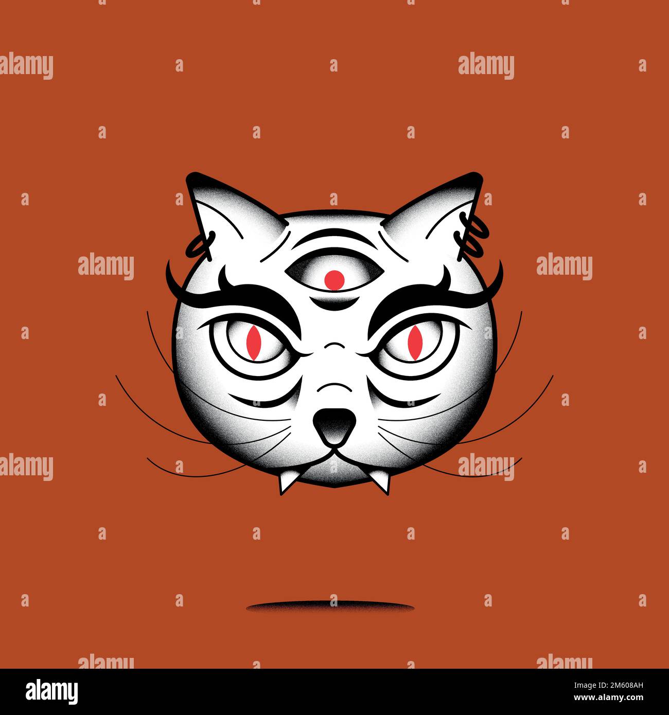 Three-eyed bakeneko Japanese monster cat on a brown background vector ...