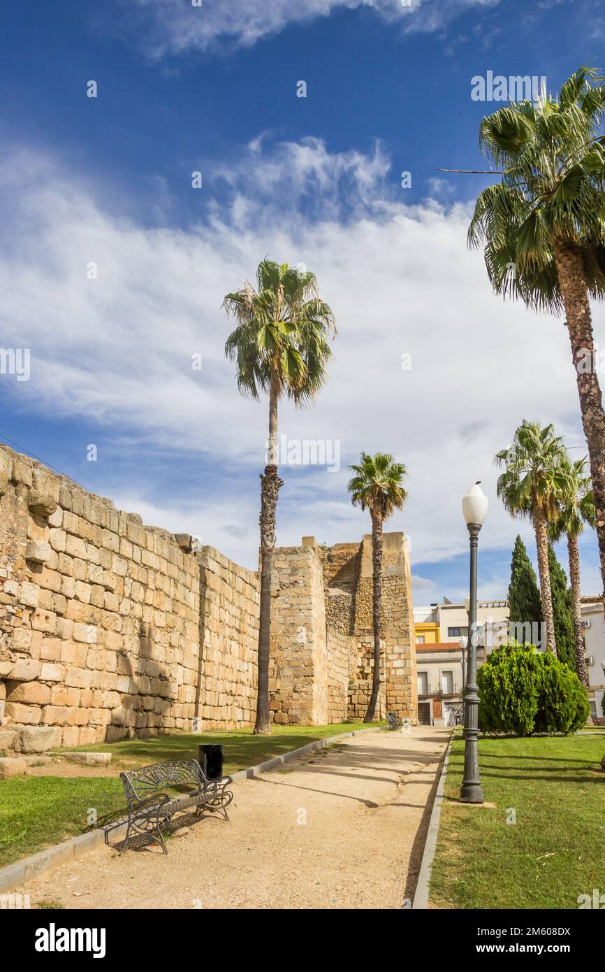 Palm trees at the historic surrounding city wall of Merida, Spain Stock ...