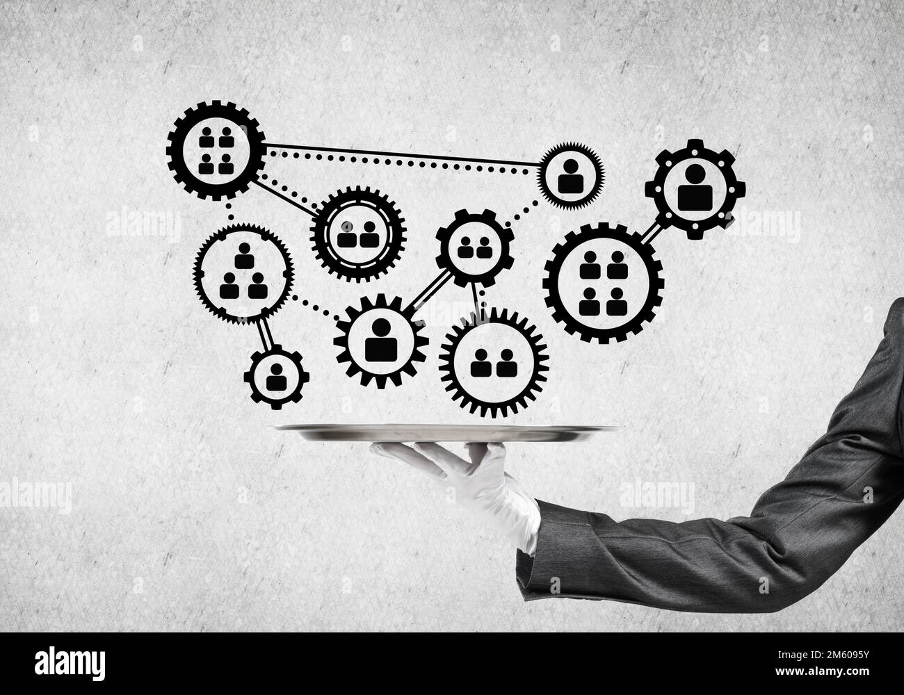 Waiter hand with white gloves holding silver plate full of social media ...