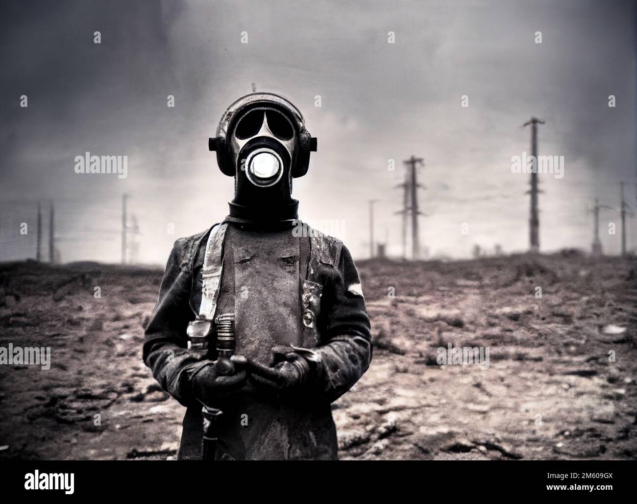 A person wearing a gas mask behind destroyed nuclear wasteland. Black ...