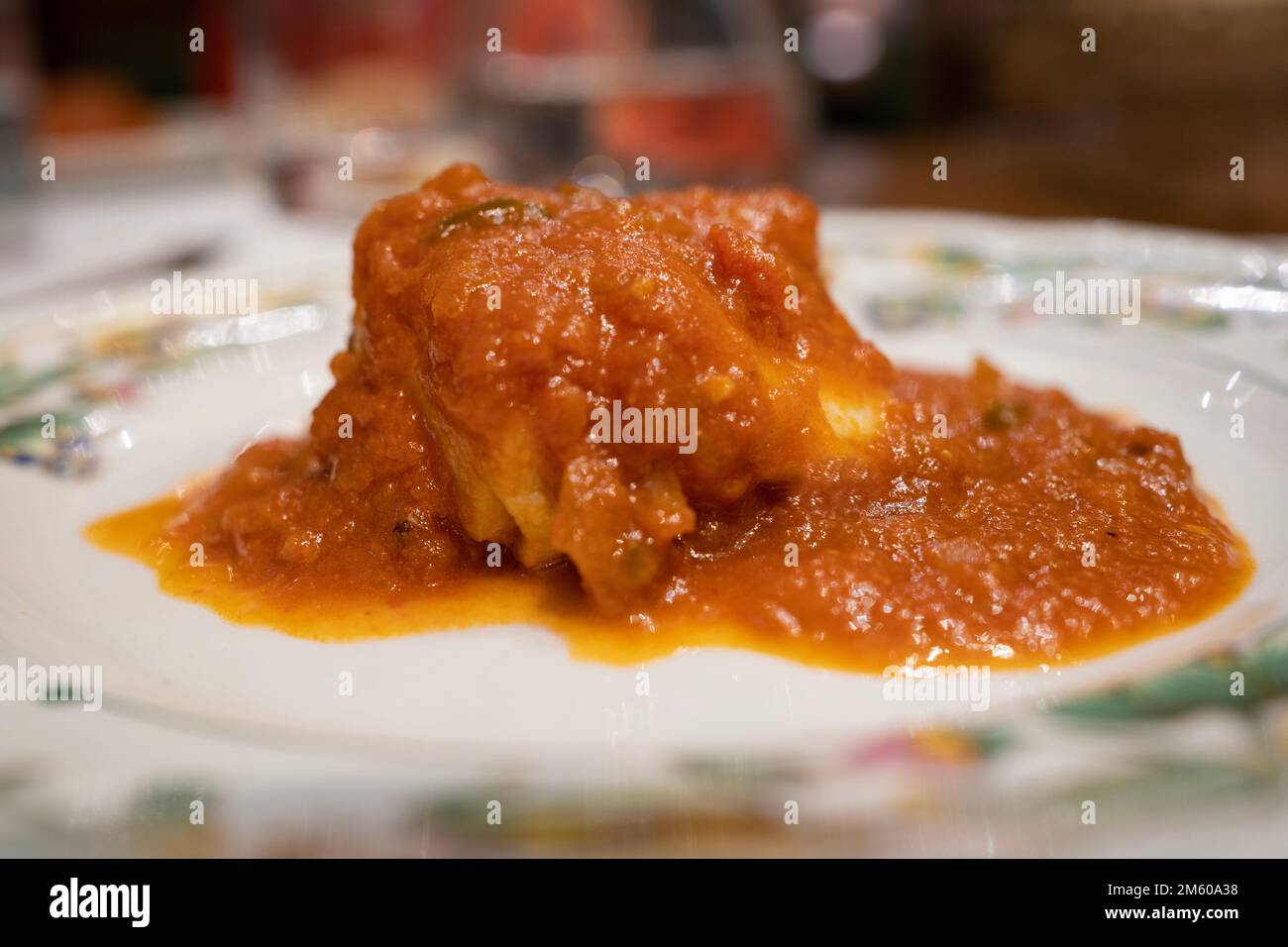 spanish cuisine, Bacalao a la vizcaina, Basque Style Cod in horizontal ...