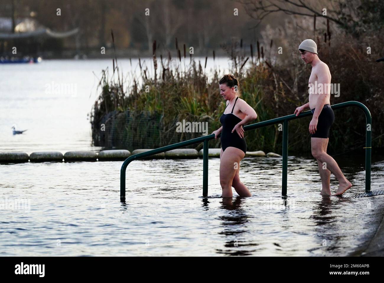 Swimmers enter the water for an early morning dip on New Year's Day at ...