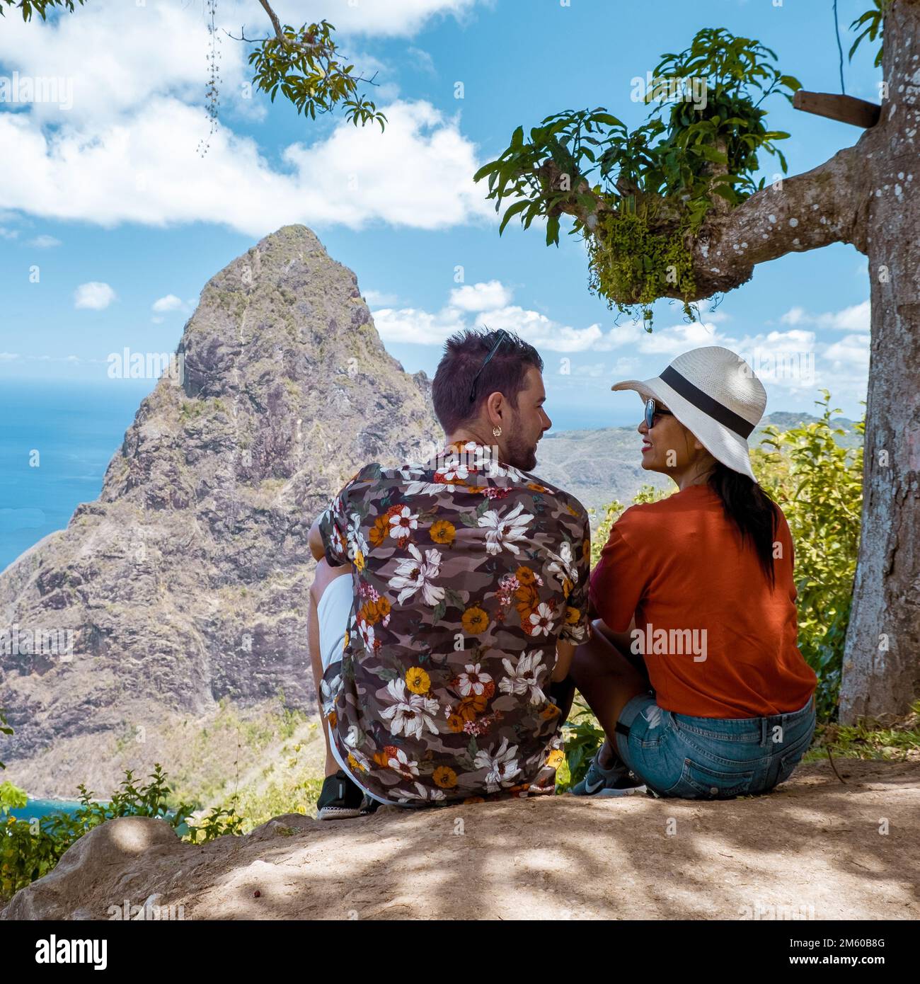 couple hiking in mountains Saint Lucia Caribbean, nature trail in ...