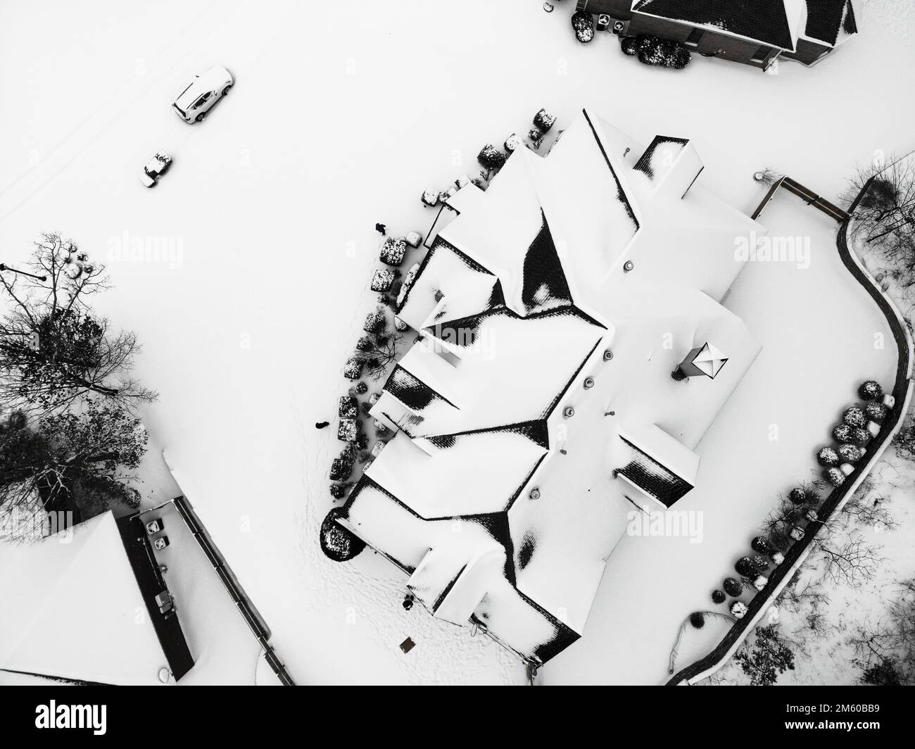 A bird's eye view of houses covered in snow in winter Stock Photo - Alamy